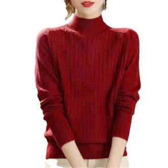 Generic Pull à manches longues pour femme avec demi-col, Rouge bordeaux/blanc, XL