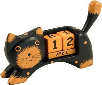 Guru Shop Holz Kalender - Katze Schwarz, 7x12x3 cm