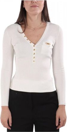 Elisabetta Franchi Femme, Pulls, Beige, Taille: 42 FR Haut en maille c&ocirc;tel&eacute;e &agrave; col en V