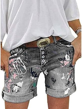 ORANDESIGNE Short en Jean Taille Haute Femme Pantalon Fleur Shorts en Denim D&eacute;contract&eacute;s Mode Bermuda en Jean A Gris L