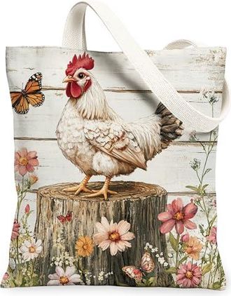Generic Sac fourre-tout en toile avec motif poules printani&egrave;res 33 x 38,1 cm, sac d&eacute;picerie r&eacute;utilisable pour femme, motif animal de voyage, d&eacute;coration cadeau