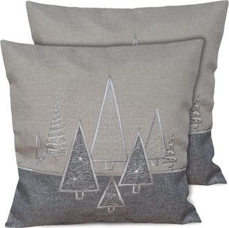 Matches 21 Kissenbezug 40x40 cm Weihnachten grau mit Tannenbaum Stick - 2er Set Kissenhüllen als Weihnachtsdeko