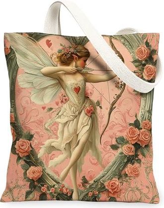 Generic Sac fourre-tout r&eacute;utilisable en toile avec motif de nain de Saint-Valentin pour le shopping, 33 x 38 cm, motif rose, coeur, sac d&eacute;picerie r&eacute;utilisable