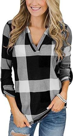 Generic Vestes pour femmes 2026 &agrave; manches longues d&eacute;contract&eacute;es &agrave; carreaux, Noir, 3XL