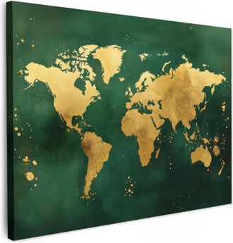 MuchoWow © Leinwand 80x60 cm Deko Schlafzimmer Aesthetic Leinwandbilder Wohnzimmer Gemälde Foto Geschenk Living Room Decoration Weltkarte - Grün - Gold