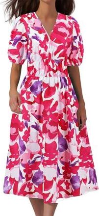 Generic Robe d&eacute;t&eacute; d&eacute;contract&eacute;e &agrave; manches courtes et col en V pour femme - Style boh&egrave;me - Pour la plage, rose, XXL