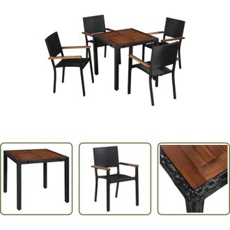 vidaXL Terrassenst&uuml;hle - 5-tlg. Garten-Essgruppe Poly Rattan Akazie Massivholz Schwarz