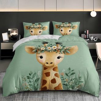 Generic Bettw&auml;schet 200x200 cm 3D Bettbezug Set Microfaser S&uuml;&szlig;E Giraffenblumen Bettbezug mit Rei&szlig;verschluss Weich Hypoallergen Gr&uuml;N Bettw&auml;sche-Sets f&uuml;r Kinder