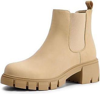 Dream Pairs Bottines Chelsea élastiques pour femme - Talon bas et épais - Semelle à crampons - Chaussures dautomne à talons, nude, 35.5 EU