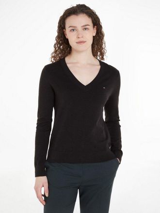 Tommy Hilfiger V-Ausschnitt-Pullover CO JERSEY STITCH V-NK SWEATER mit V-Ausschnitt und Ripp Baumwollmischung