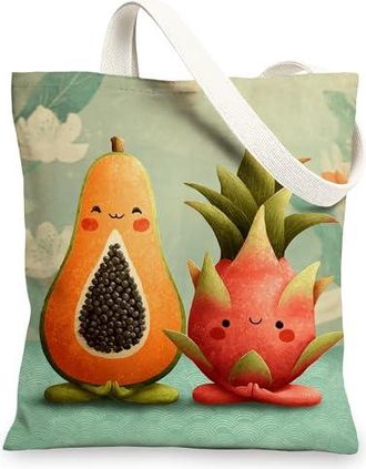 Generic Sacs fourre-tout en toile mignons, motif papaye et fruit du dragon, sacs de courses réutilisables, fantaisistes et respectueux de lenvironnement et lé