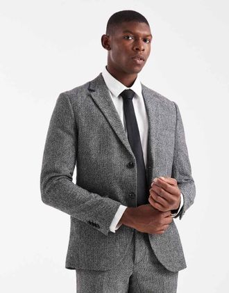 Jack & Jones Veste de costume ajust&eacute;e en laine m&eacute;lang&eacute;e textur&eacute;e - Gris