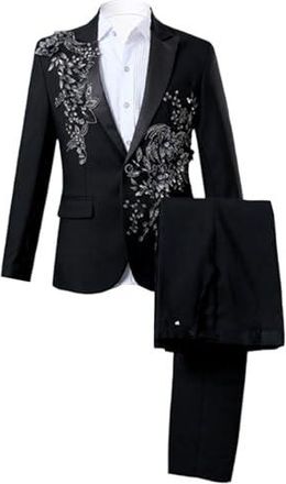 Generic Costumes brod&eacute;s de luxe pour homme 2 pi&egrave;ces 1 bouton blazer veste pantalon mariage &eacute;l&eacute;gant imprim&eacute; costume pour homme, Noir, 3XL