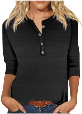 Generic Tshirt Femme Casual T-shirt Col V Color&eacute; Brillant G&eacute;om&eacute;trique avec Boutons Manches Trois-quarts, Noir, XXL