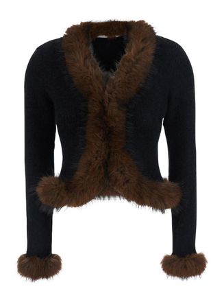 Self Portrait Faux Fur-Trimmed Cardigan - Black