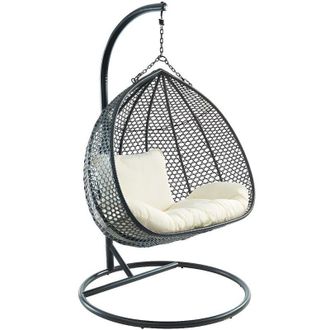 Vente-Unique Fauteuil suspendu 2 places en r&eacute;sine tress&eacute;e - Noir et coussin blanc - VAHINA de MYLIA