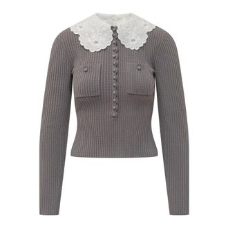 Self Portrait Femme, Pulls, Gris, Taille: 42 FR Haut en Tricot avec Col en Dentelle