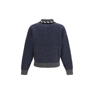 Versace Merino Wool Intarsia Knit Cardigan - Navy