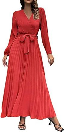 Generic Robe Cocktail Femme Manche Longue, Robe de Soir&eacute;e Femme Col V,Pliss&eacute;e Robe Automne et Hiver avec Noeud Chic et &eacute;l&eacute;gant de Mode Couleur Unie D&eacute;contract