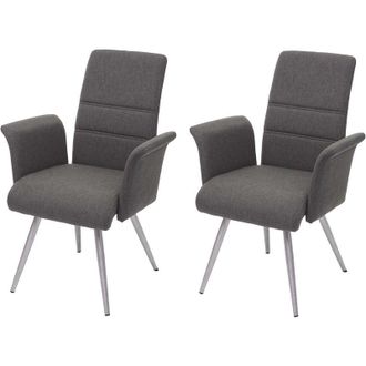 Hhg 2er-Set Esszimmerstuhl HHG-709, K&uuml;chenstuhl Stuhl mit Armlehne, Stoff/Textil Edelstahl geb&uuml;rstet grau-braun
