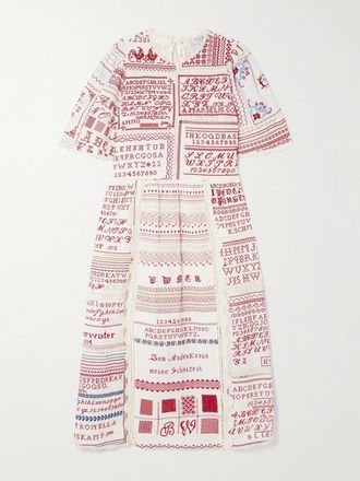 Sea New York Kit Midikleid Aus Einer Bestickten Baumwoll-leinenmischung Mit H&auml;kelbes&auml;tzen Und Wellenkanten - Rot