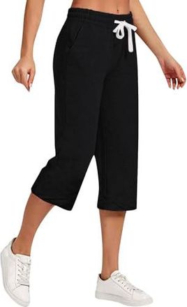 Generic Pantacourt en lin pour femme, pantalon court en lin pour femme, taille &eacute;lastique, jambe droite, avec poches, couleur unie, pantalon 3/4 avec cordon de