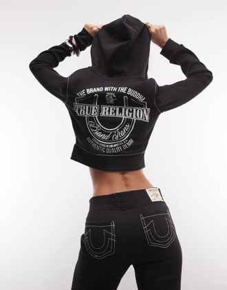 True Religion kurzer Kapuzenpullover mit Rei&szlig;verschluss, Kristallverzierung und R&uuml;ckenprint, in Schwarz