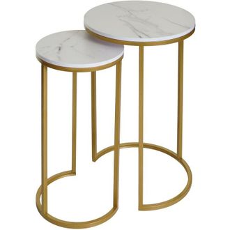 Hhg 2er-Set Beistelltisch HHG 401, Kaffeetisch Nachttisch Loungetisch, Marmor-Optik mdf schwarz-gold
