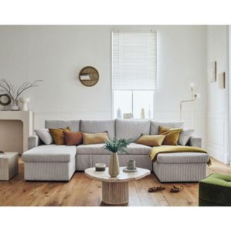 Best Mobilier Cyrus - 7-sitzer wohnlandschaft u-form - schlaffunktion und bettkasten - - aus cordstoff - hellgrau