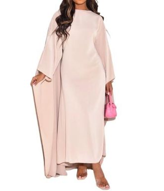 Generic Robe papillon pour femme, tendance, ample, d&eacute;contract&eacute;e, fluide, en satin, manches chauve-souris, robe en satin uni pour lA&iuml;d, beige, 3XL