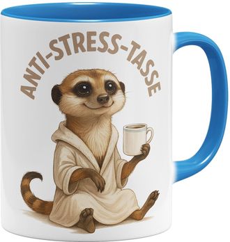 OM3 Erdm&auml;nnchen Anti-Stress Kaffee-Tasse - Lustige Meerkat Keramiktasse mit Tier-Motiv - Keramik Becher - 325ml - Beidseitig Bedruckt - Hellblau