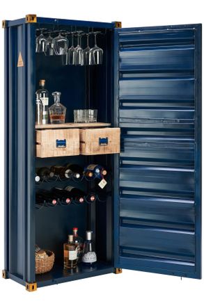 Ambia Home Barschrank, Blau, Gold, Metall, Mangoholz, Hartholz, Vintage, 1 F&auml;cher, 2 Schubladen, 73x176x41 cm, stehend, handgemacht, Esszimmer, Barm&ouml;bel, Barschr