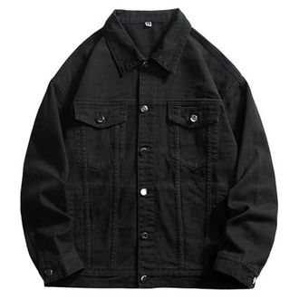 Generic Veste en jean noire pour homme, style d&eacute;contract&eacute;, boutonn&eacute;e, manches longues, style trucker, v&ecirc;tement dext&eacute;rieur classique pour le travail, noire, ta