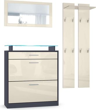 Vladon Garderoben-Set Loret Mini, Schuhschrank 89 x 104 x 23 cm für bis zu 16 Paar Schuhe inkl. Spiegel, 2 Wandpaneele und LED-Beleuchtung in Blau, Anthrazit