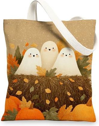 Generic Sacs fourre-tout fantaisistes en toile, motif fantômes mignons et citrouilles, sacs dépicerie réutilisables, légers et lavables avec bandoulière, Oran