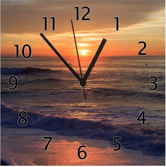 Wallario Design-Wanduhr Sonne &uuml;ber dem Meer aus Glas, Motiv-Uhr Gr&ouml;&szlig;e 30 x 30 cm, Schwarze Zeiger