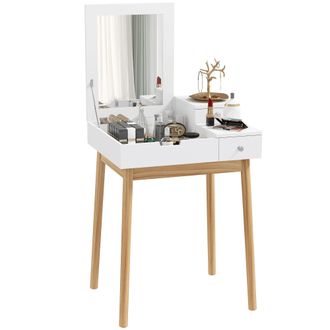 HOMCOM Schminktisch Frisiertisch Kosmetiktisch mit aufklappbarem Spiegel Holzf&uuml;&szlig;e Wei&szlig;+Natur 60 x 50 x 85,5cm