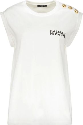 Balmain Femme, Tops, Blanc, Taille: 36 FR Button Shoulder Logo T-Shirt