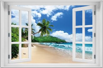 Wallario wasserfestes Poster selbstklebend 61 x 91,5 cm mit Fenster-Illusion, Urlaub auf den Seychellen unter Palmen am Sandstrand, Badezimmerposter Spritzschu