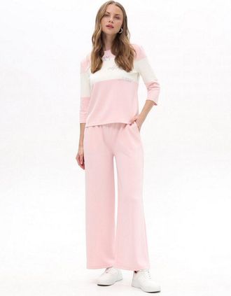 Passioni 3/4-Arm-Shirt Shirt mit Strass und Colorblock Rosa- Ecru mit Schriftzug aus Glitzersteinen