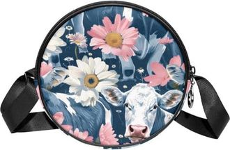 Generic Sac &agrave; bandouli&egrave;re rond pour femme, motif fleurs, vaches, petit sac &agrave; bandouli&egrave;re avec fermeture &eacute;clair, bretelles r&eacute;glables, sac &agrave; main rond d&eacute;contrac