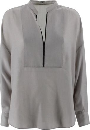 Brunello Cucinelli Femme, Blouses et Chemises, Gris, Taille: 38 FR Chemise grise avec col coréen et décolleté en V