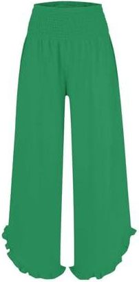 Generic Pantalon d&eacute;t&eacute; en coton et lin pour femme - Jambes larges - Taille smock&eacute;e - Ourlet &agrave; volants - Palazzo - V&ecirc;tement d&eacute;t&eacute; fluide avec poches, Vert, XXL