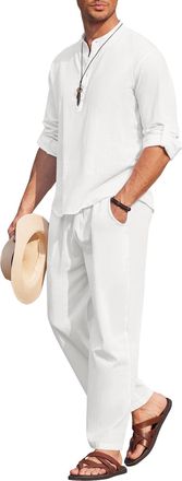 Coofandy 2-teiliges Herren-Set aus Baumwoll-Leinen, l&auml;ssig, lang&auml;rmelig, Henley-Shirt, Strandhose mit Taschen, Sommer-Yoga-Outfits, 01-wei&szlig;, XL