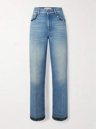 Valentino Garavani Hoch Sitzende Jeans Mit Geradem Bein Und Bedruckten Chiffonbes&auml;tzen - Blau
