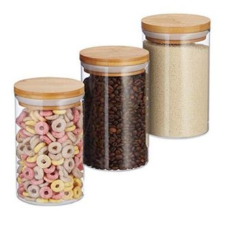 Relaxdays 10027995 Boîtes de Stockage en Verre, Jeu de 3, pâtes, Riz, céréales, Grains de café, Volume 800 ML,HxD 16x9,5 cm, Naturel