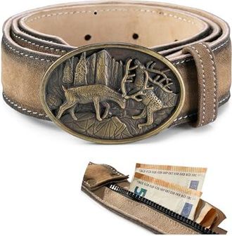 Sch&ouml;neberger Trachten Couture Ceinture traditionnelle pour homme avec compartiment secret - Pantalon en cuir v&eacute;ritable avec boucle de cerf - Ceinture en cuir avec compartiment &agrave; mo