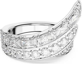 Swarovski Bague cocktail Hyperbola à deux bandes, ornées de cristaux incolores, en métal rhodié
