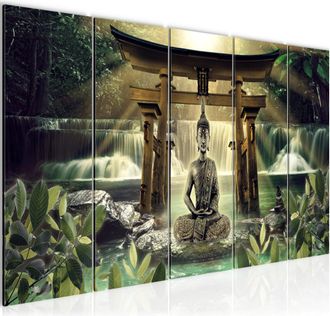 Runa Art Wandbild XXL Feng Shui Buddha Wohnzimmer Schlafzimmer 200 x 80 cm Grün Braun 5 Teilig - Made in Germany - 036455a