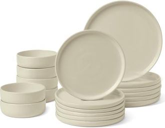 Amazon Basics Glasiertes Steingutgeschirr, 18-Teiliges Set, 6 Komplette Gedecke, Spülmaschinenfest, Elfenbeinfarben